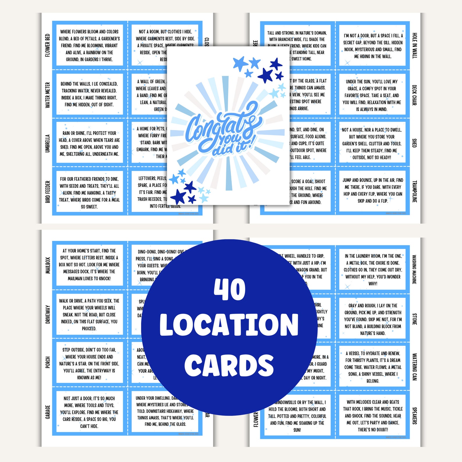 Blue Scavenger Hunt, Treasure Hunt Cards, Outdoor, Shower, Birthday ...