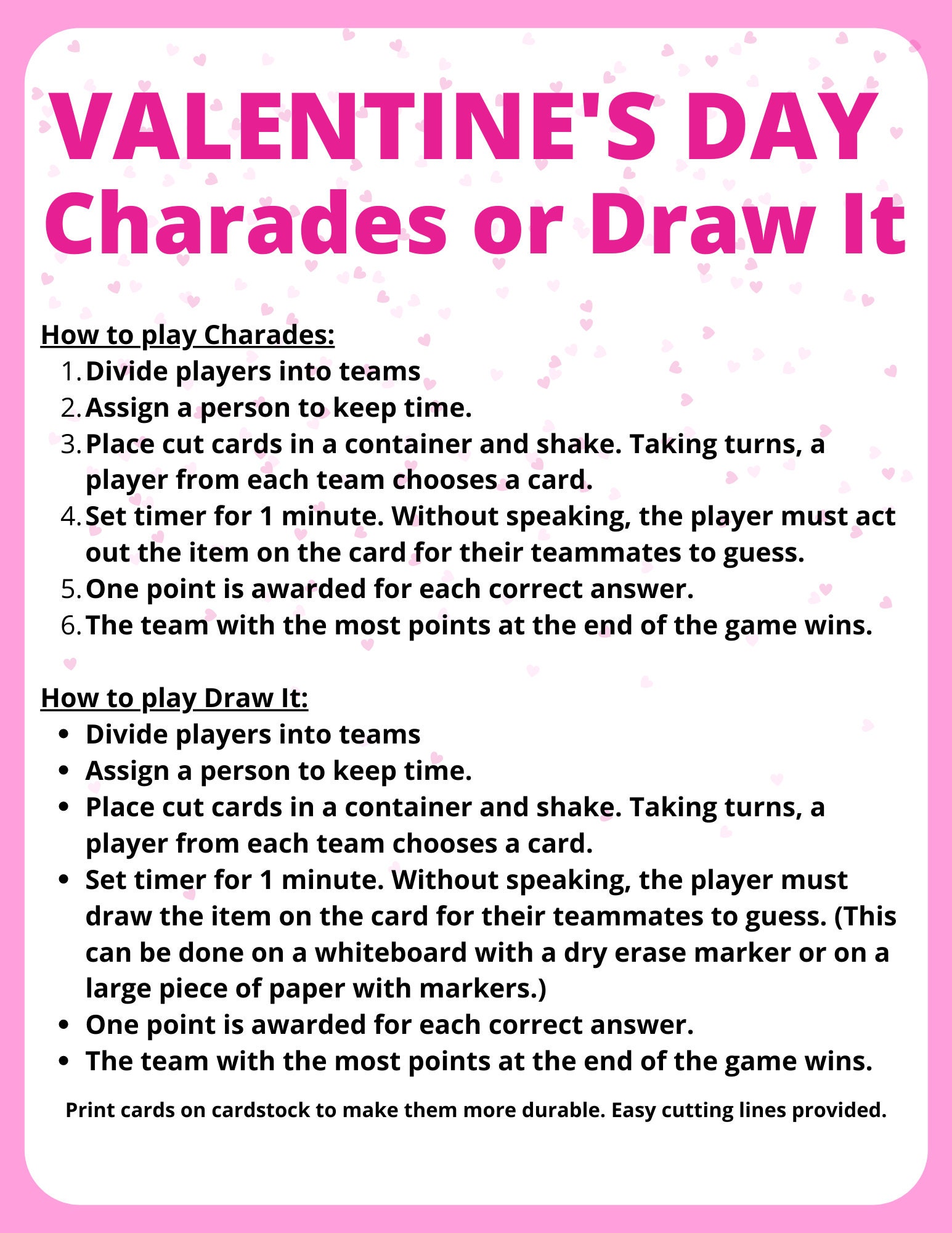 Valentine's Day Charades or Draw It Cards: Printable Party Game ...