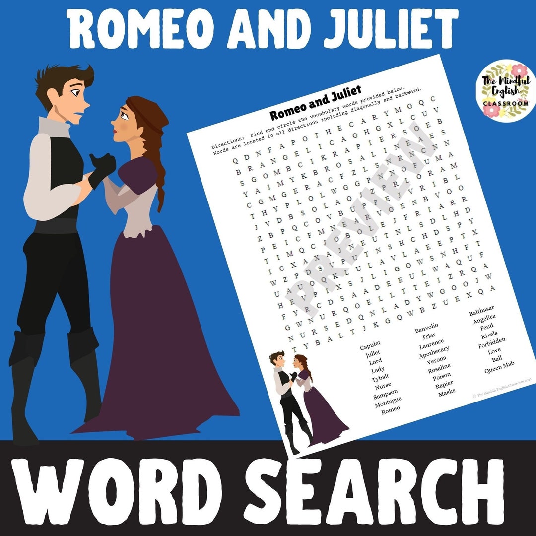 Word Search Puzzle Romeo and Juliet Shakespeare Games - Etsy