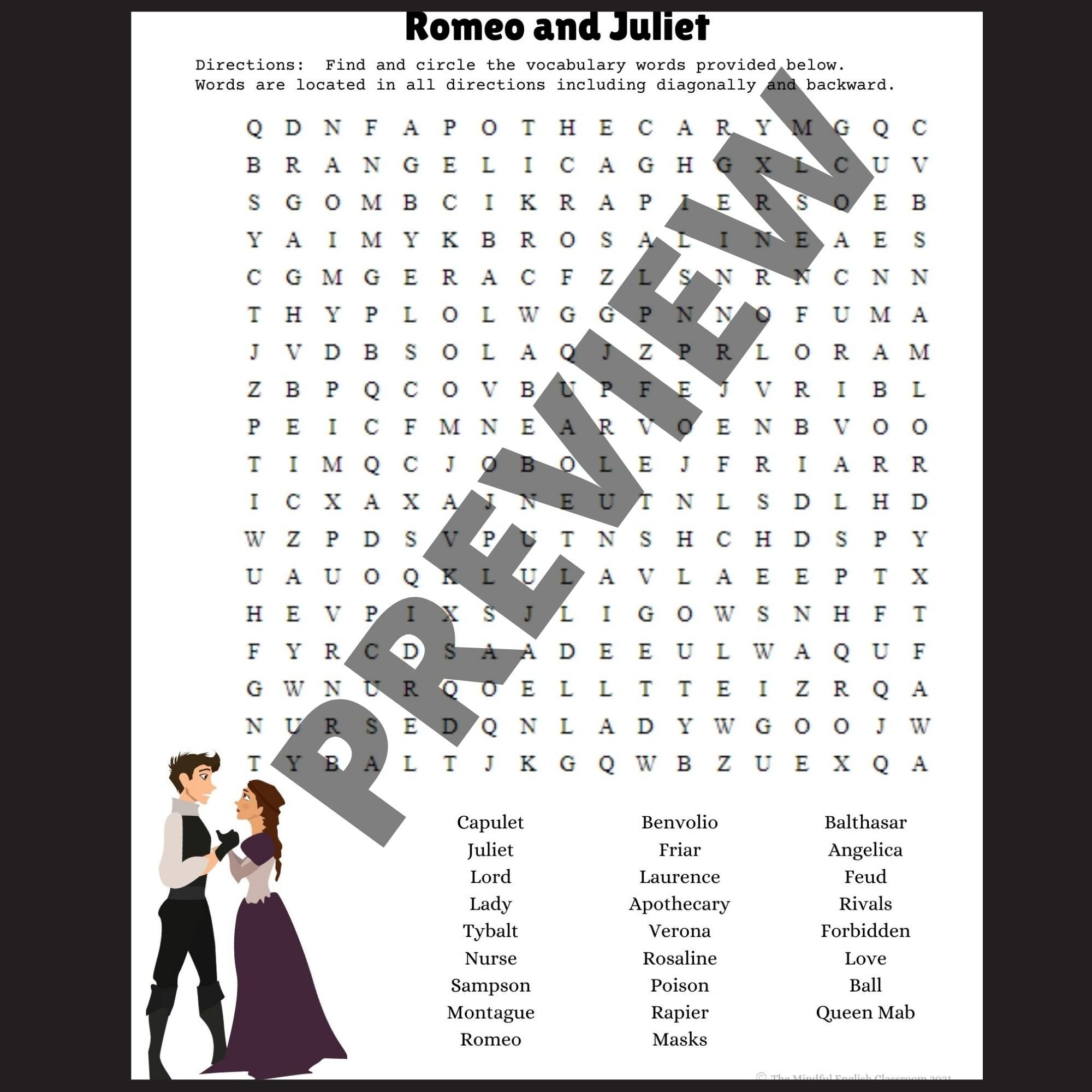 Word Search Puzzle Romeo and Juliet Shakespeare Games - Etsy