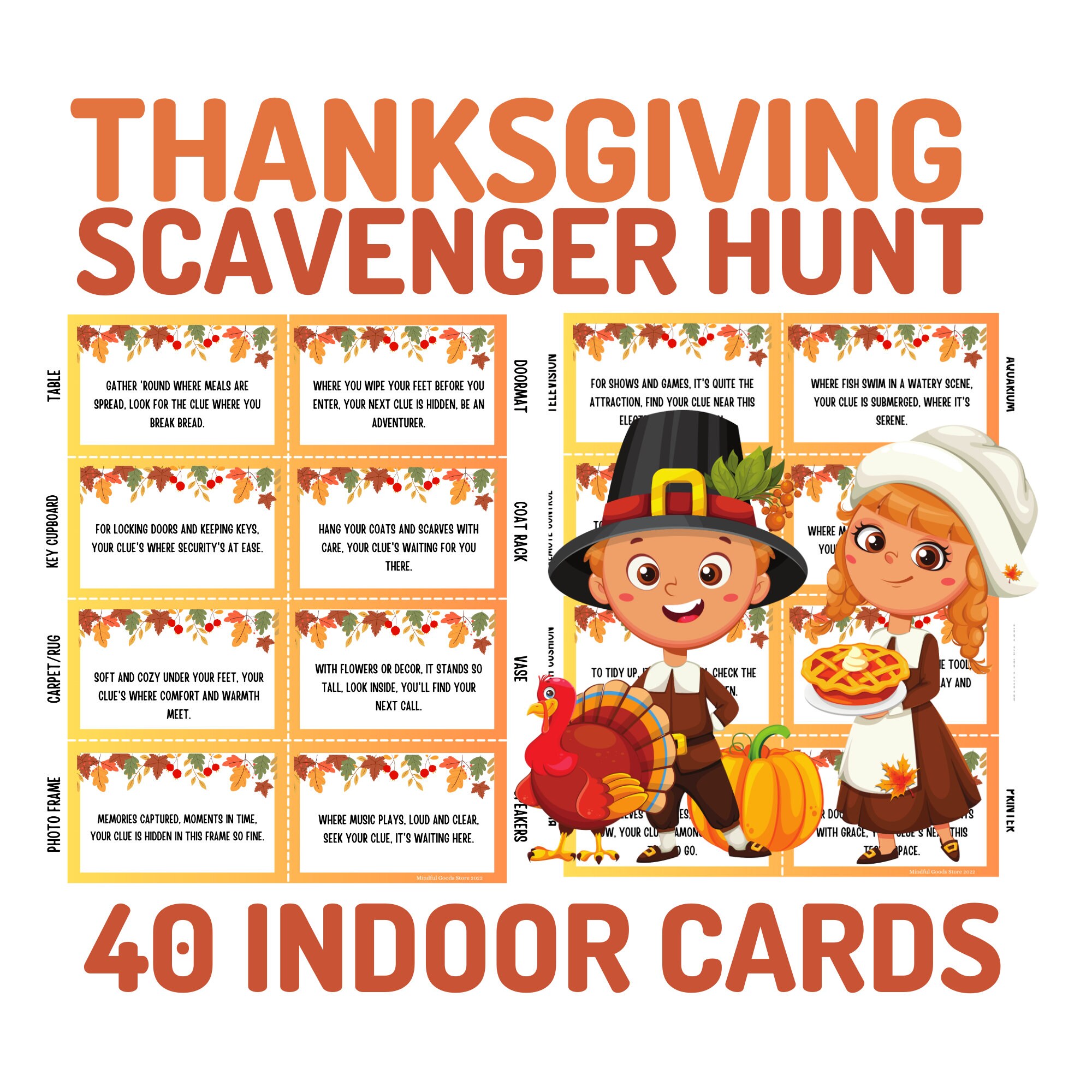 Thanksgiving Indoor Scavenger Hunt Cards, 40 Cards for Thanksgiving ...