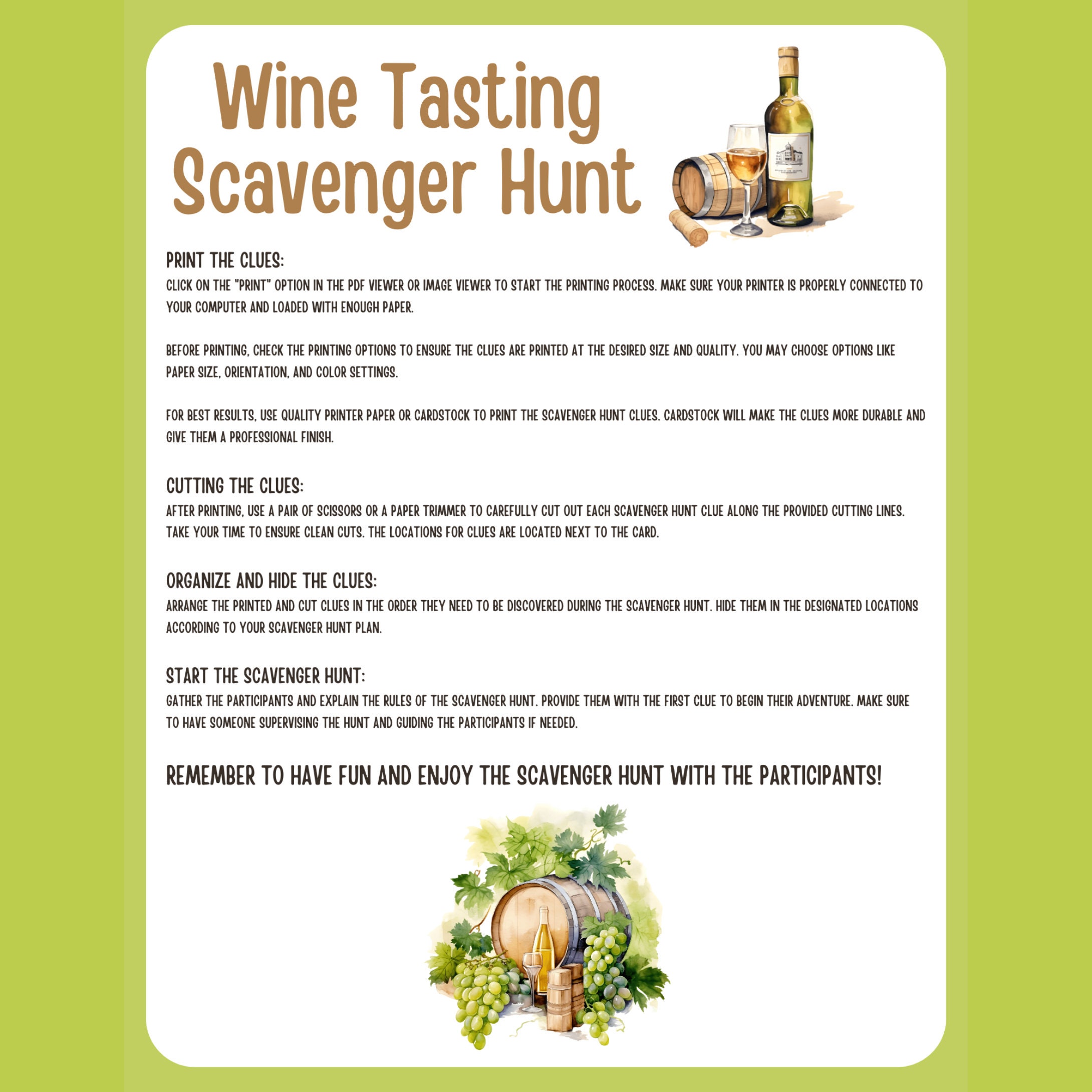 Wine Tasting Treasure Hunt Scavenger Hunt Cards, Indoor & Outdoor, Girl ...