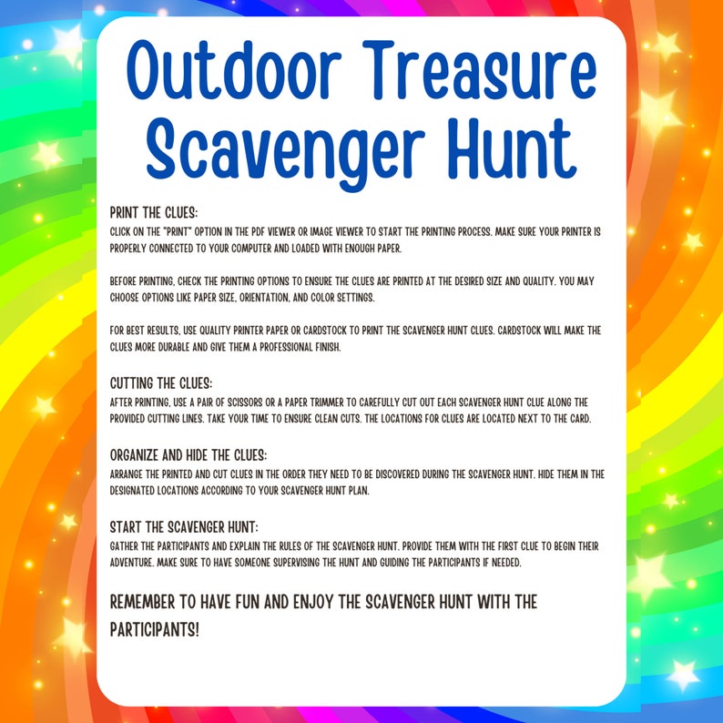 Rainbow Scavenger Hunt, Treasure Hunt Cards Outdoor, Bridal, Birthday ...