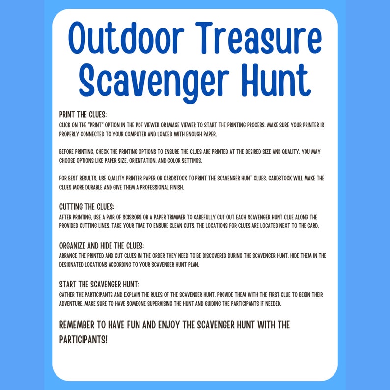 Blue Scavenger Hunt, Treasure Hunt Cards, Outdoor, Shower, Birthday ...