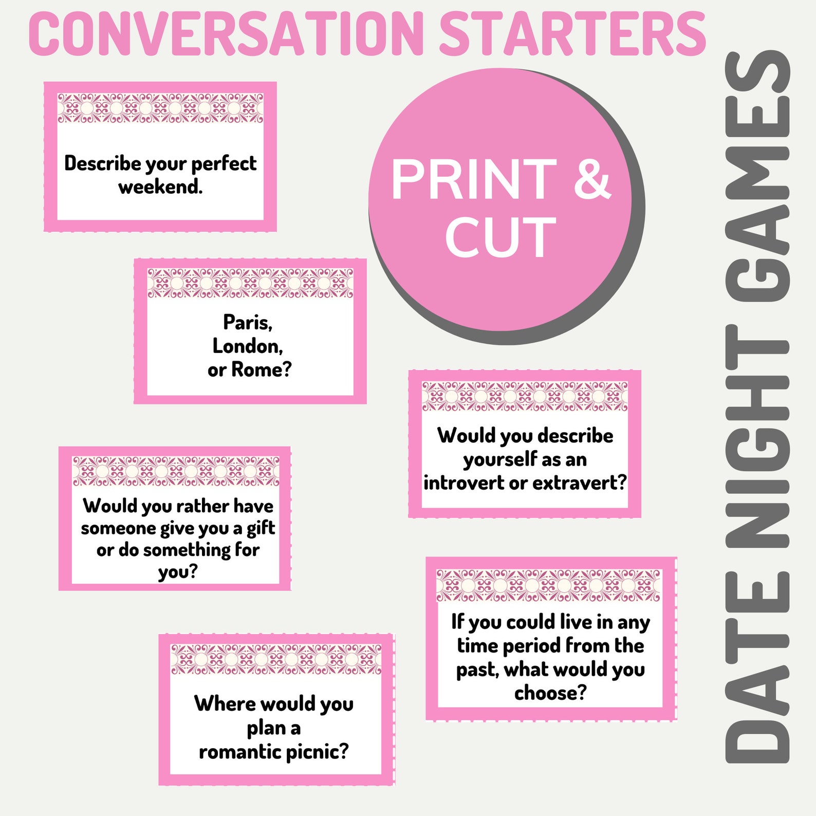 Date Night Conversation Starter Cards, Printable Couple Game, Valentine ...