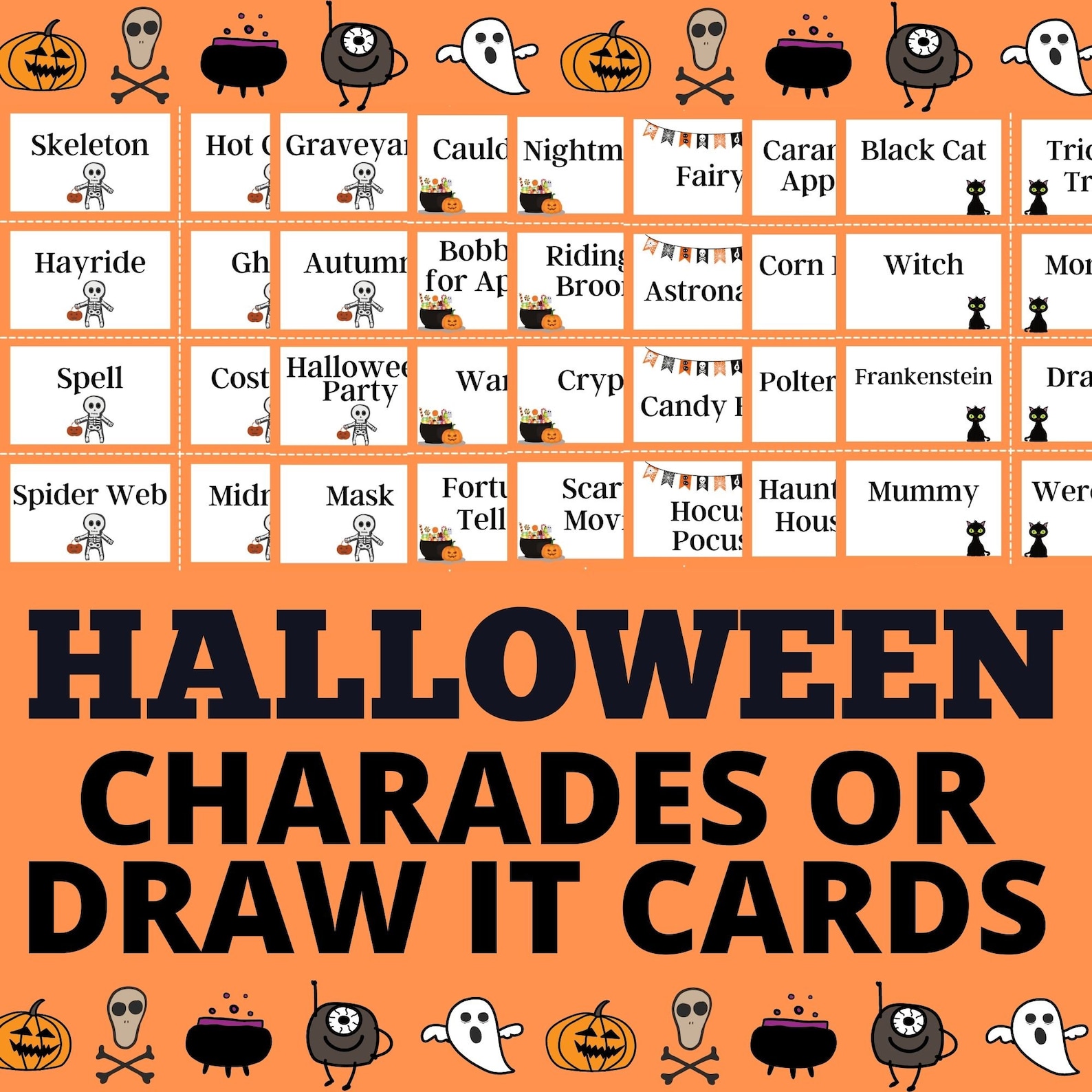 Halloween Charades or Draw It Cards: Family Game Night (printable PDF ...
