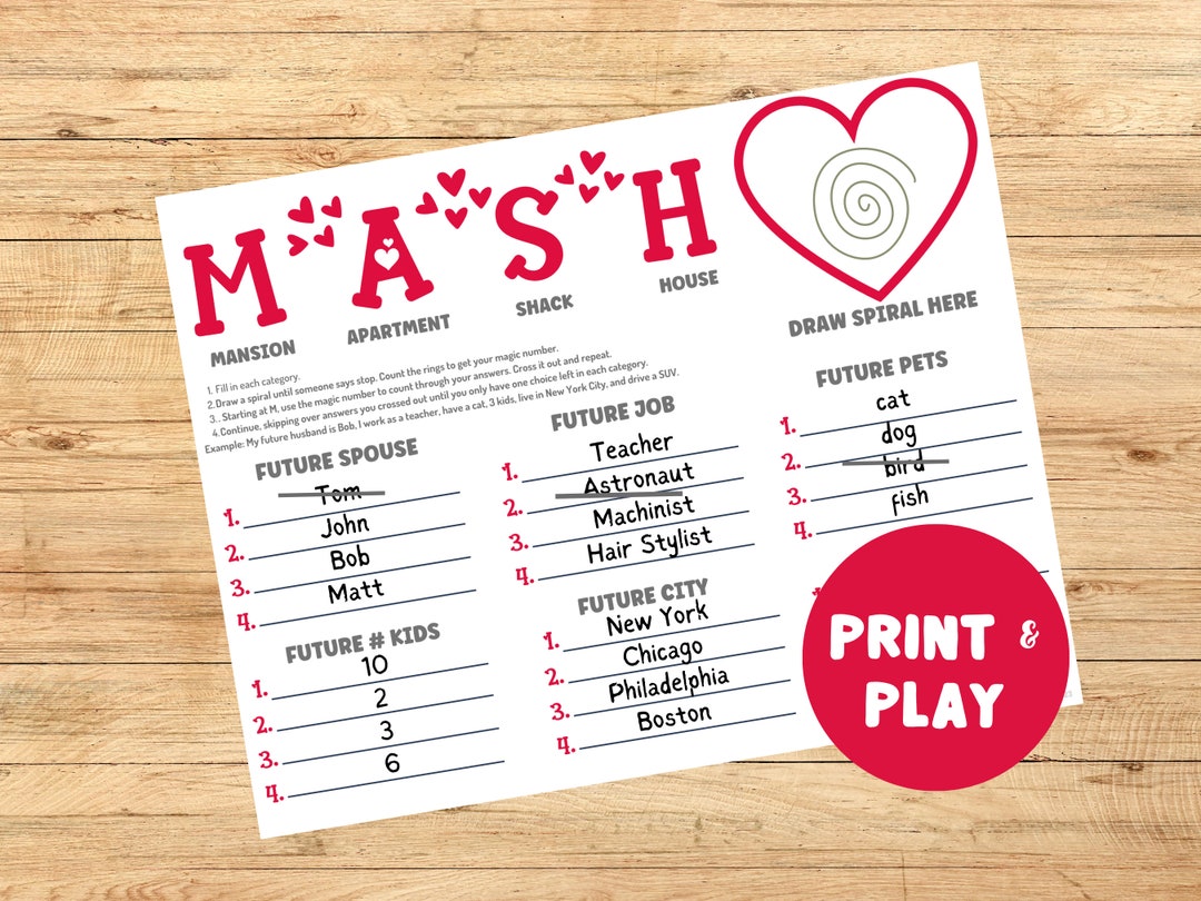 Valentine's MASH Game Printable: Party Activity (PDF) - Etsy