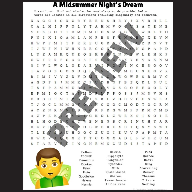 A Midsummer Night's Dream Word Search Puzzle - Etsy
