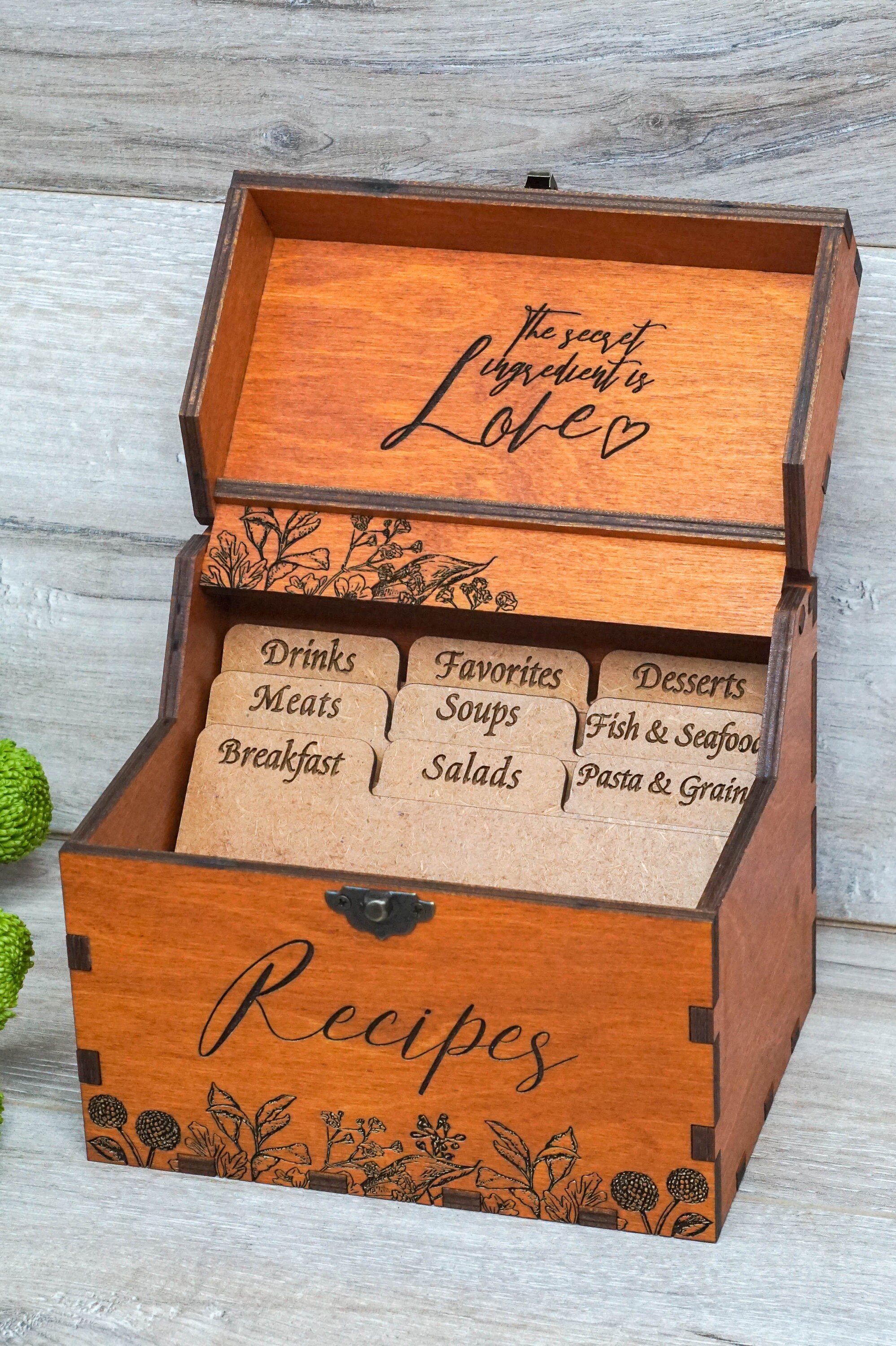 Recipe Box With Floral Frame, Dividers & 4x6 Recipe Cards Personalized ...