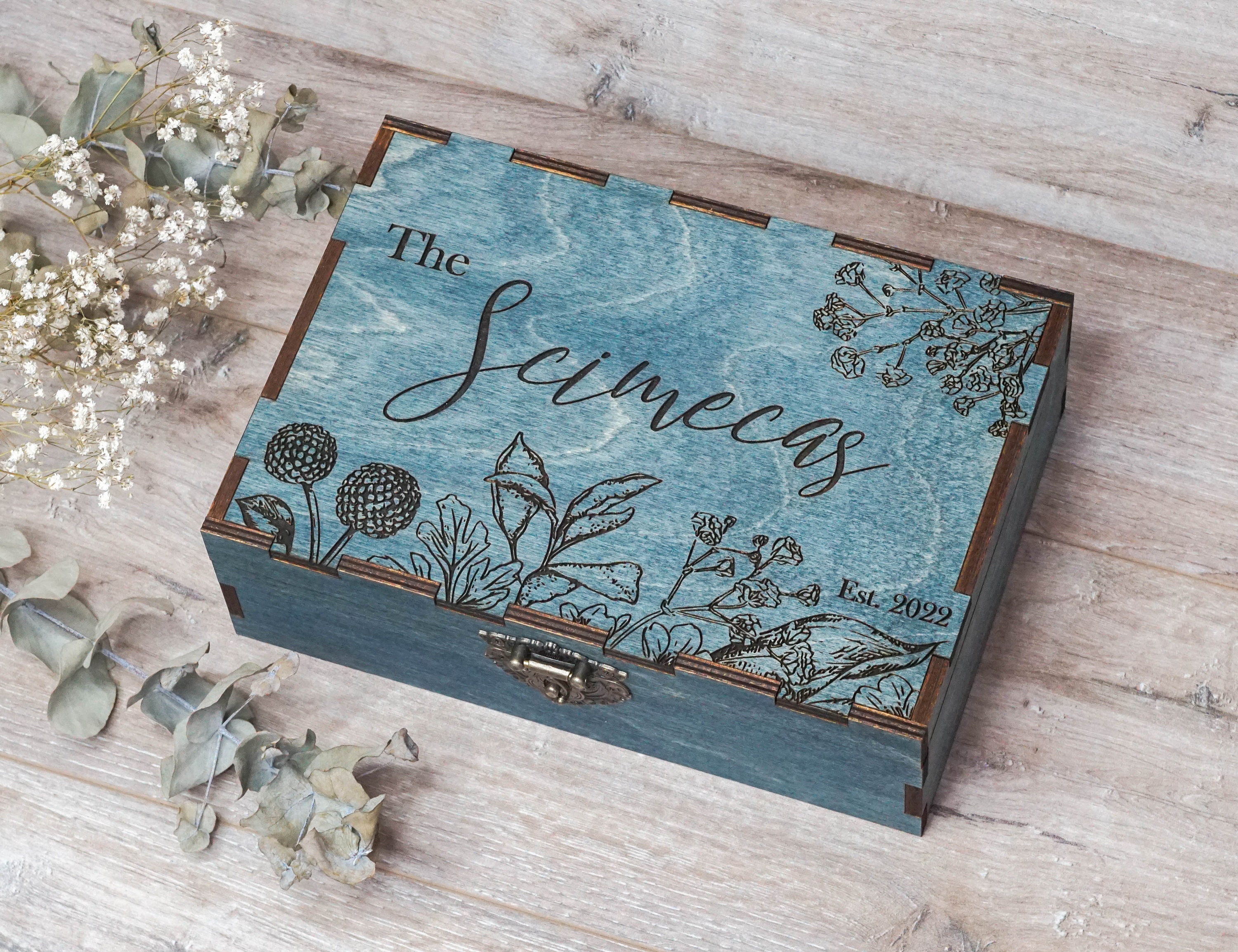 Personalized Wood Keepsake Box With Flowers, Engraved Wood Memory Box ...