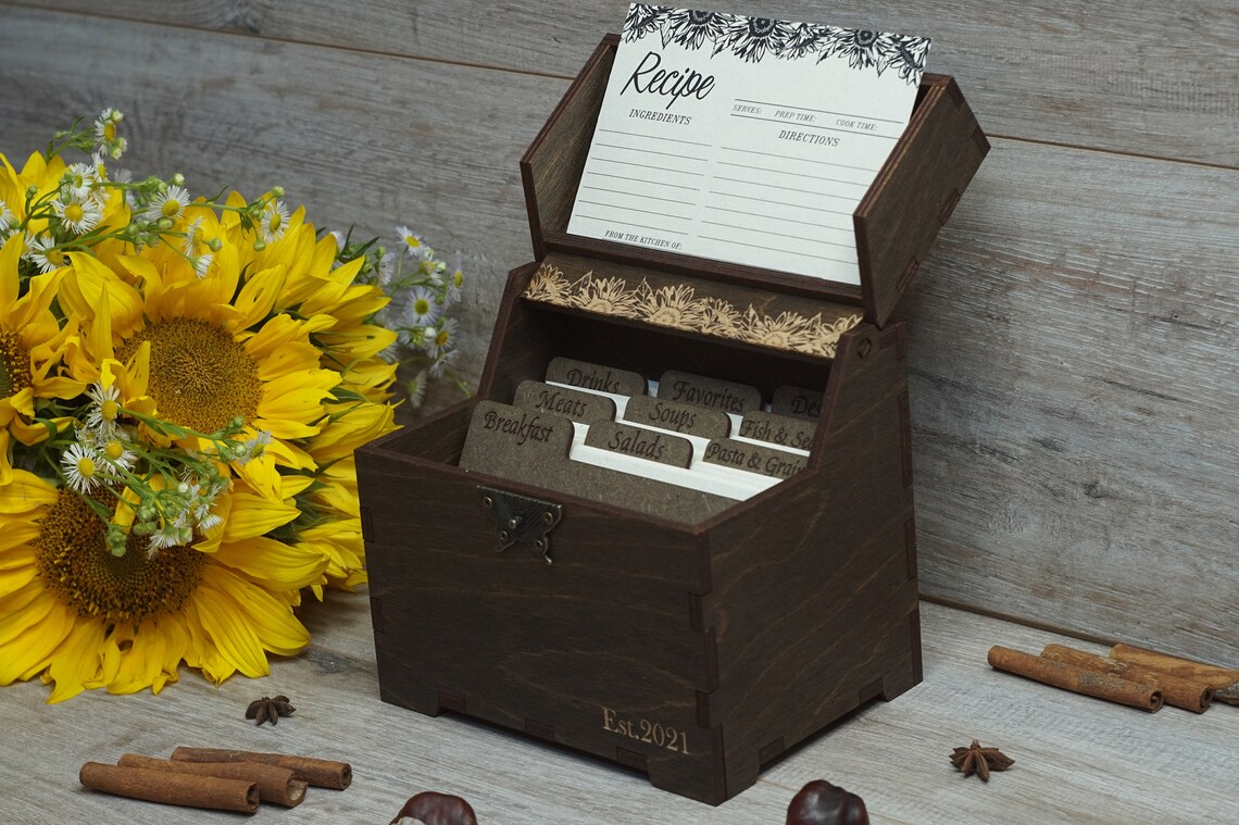 Recipe Box With Dividers & 4x6 Recipe Cards With Sunflowers | Etsy
