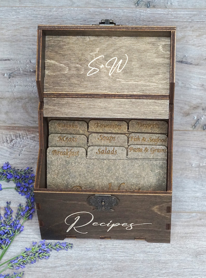 Recipe Box With Dividers & 4x6 Recipe Cards Personalized Engraved Wood ...