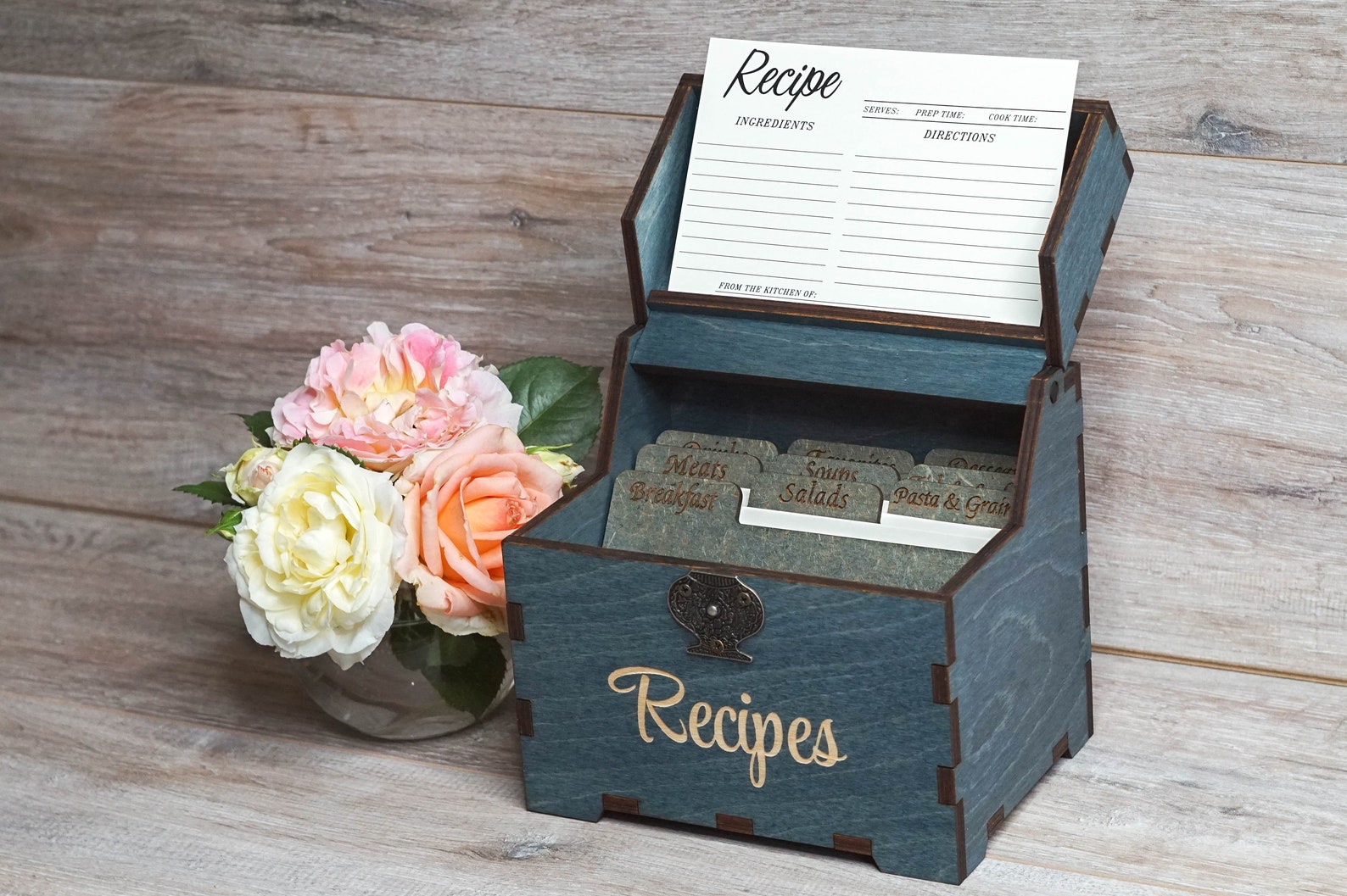 Recipe Box With Dividers & 4x6 Recipe Cards Personalized Engraved Wood ...