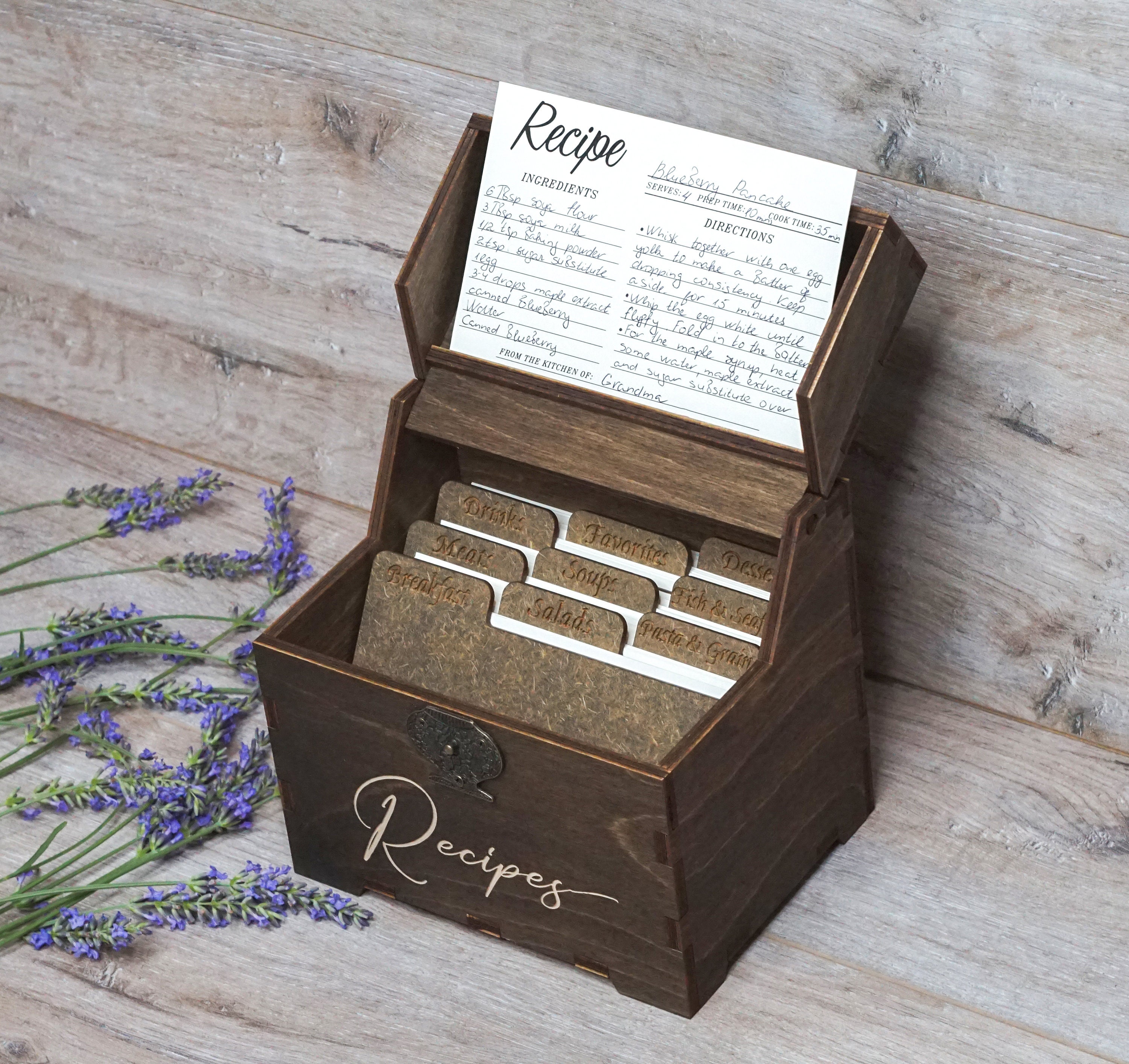 Recipe Box With Dividers & 4x6 Recipe Cards Personalized Engraved Wood ...
