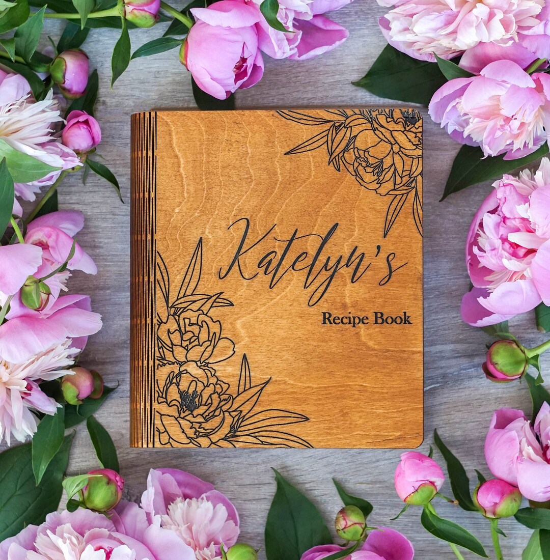 Personalized Wood Recipe Book With Tab Dividers, Peonies, Custom ...