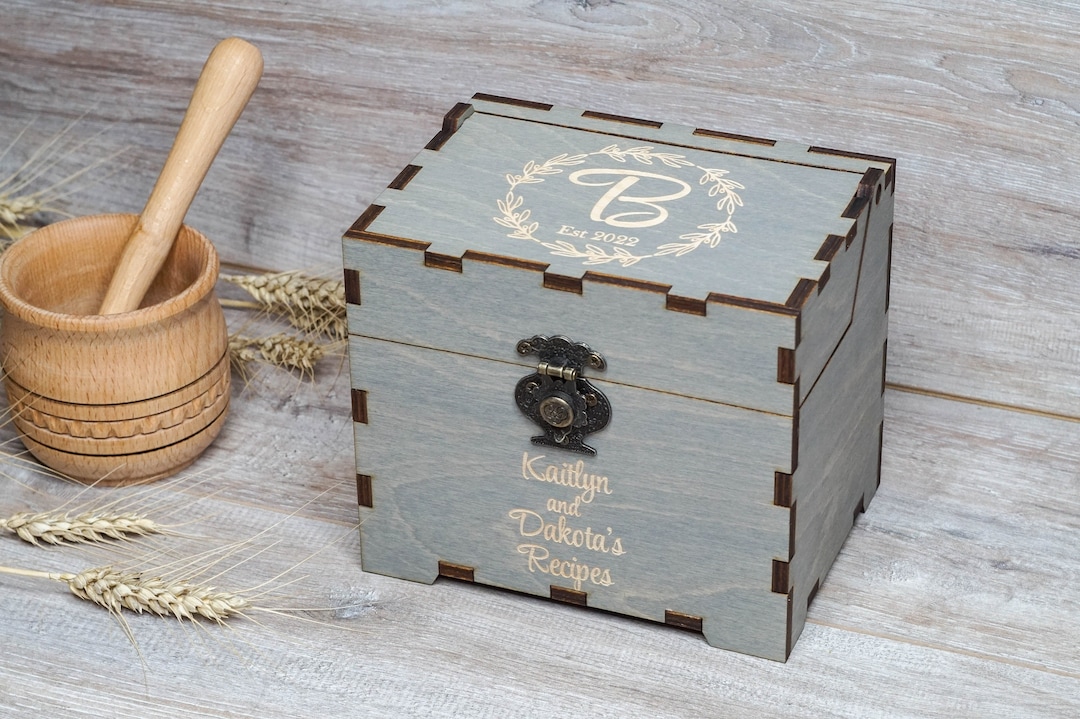 Recipe Box With Dividers & 4x6 Recipe Cards Personalized Engraved Wood ...