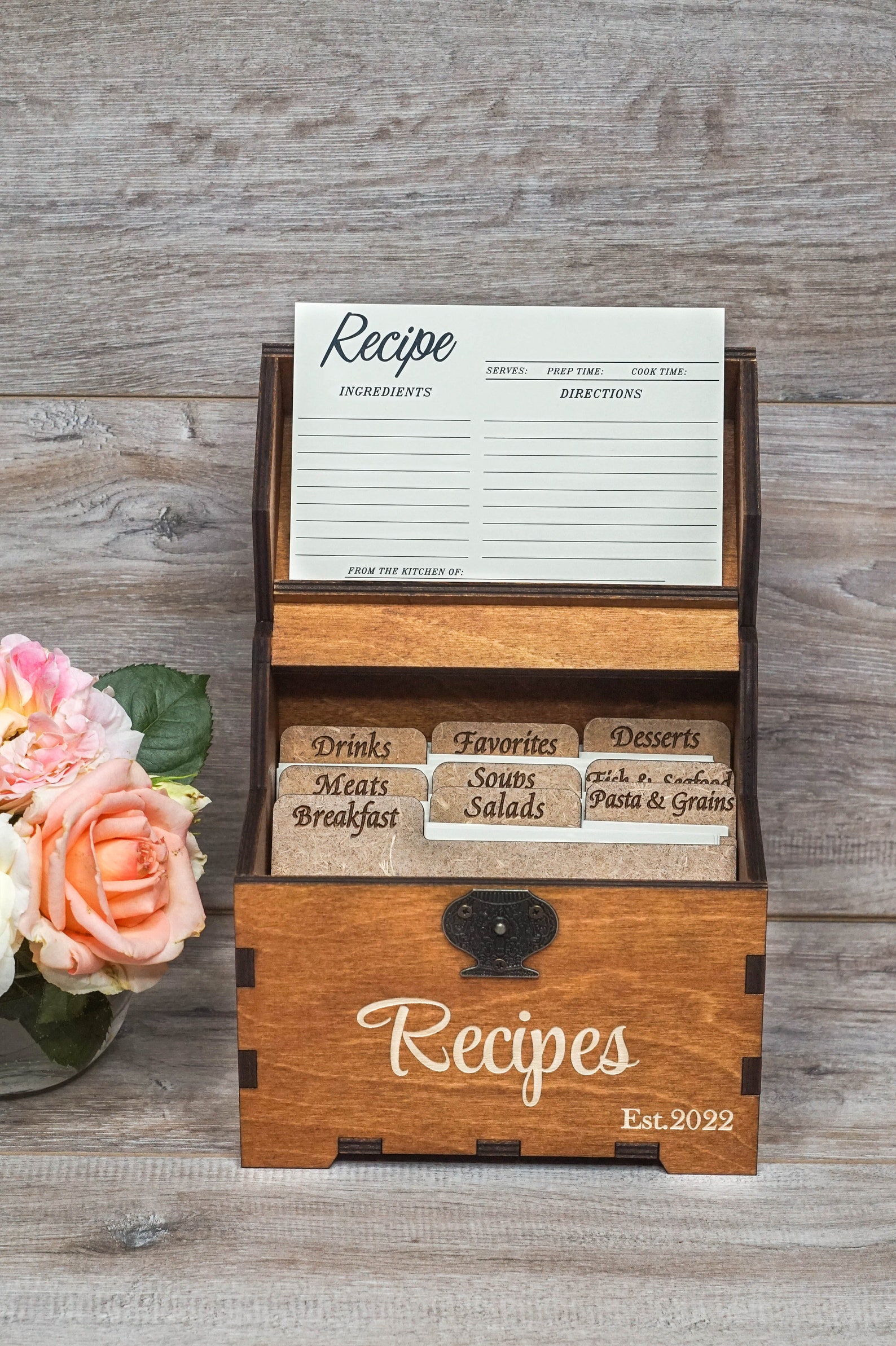 Recipe Box With Dividers & 4x6 Recipe Cards Personalized Engraved Wood ...