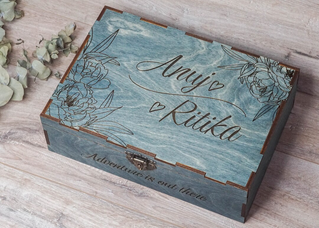 Personalized Wood Keepsake Box With Peonies, Engraved Wood Memory Box ...