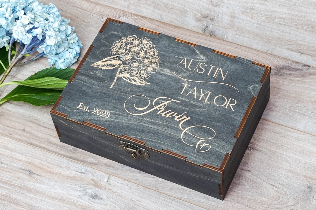 Personalized Wood Keepsake Box With Hydrangea, Engraved Wood Memory Box ...