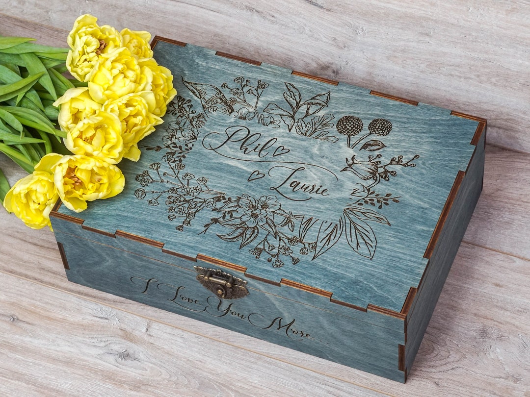 Personalized Wood Keepsake Box With Flowers, Engraved Wood Memory Box ...