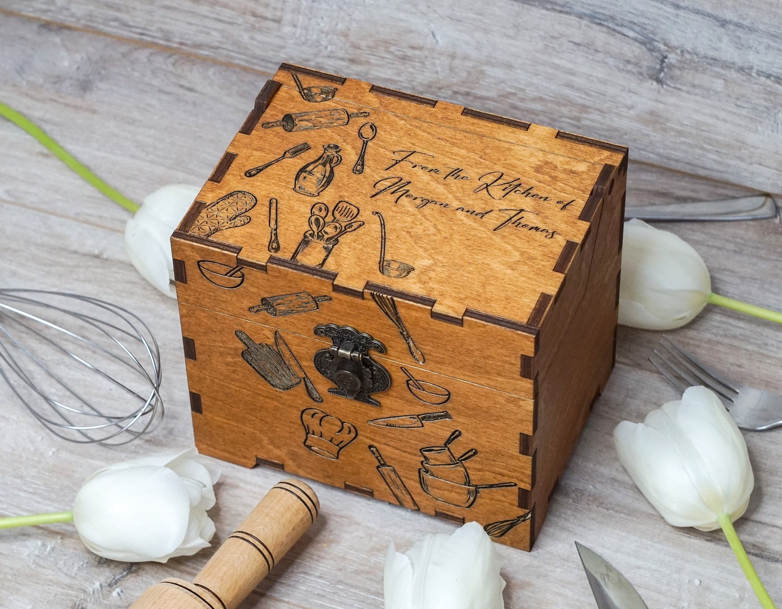 Wood Recipe Box With Dividers & 4x6 Recipe Cards, Engraving With ...