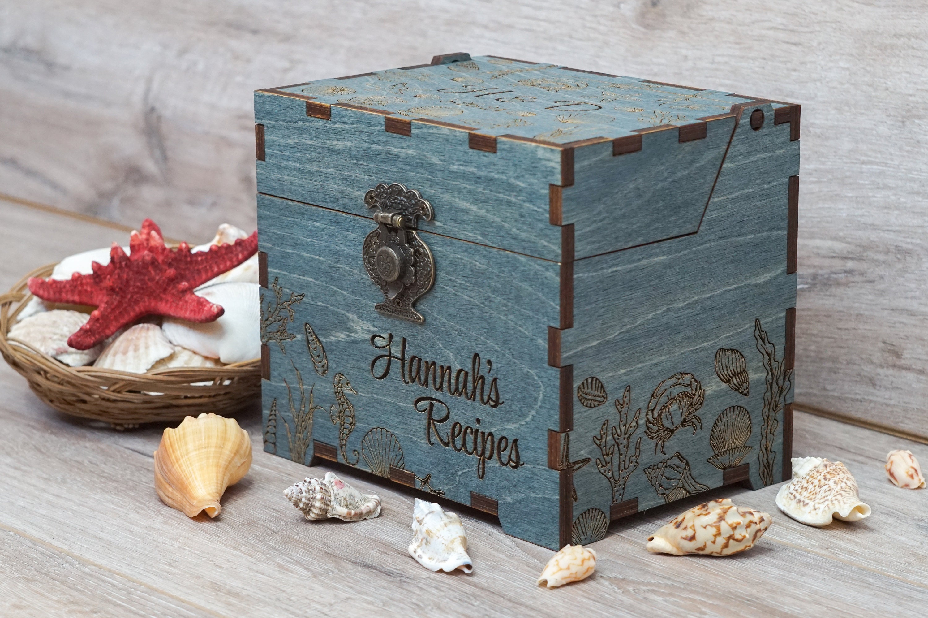 Recipe Box With Seashells, Dividers & 4x6 Recipe Cards Personalized ...