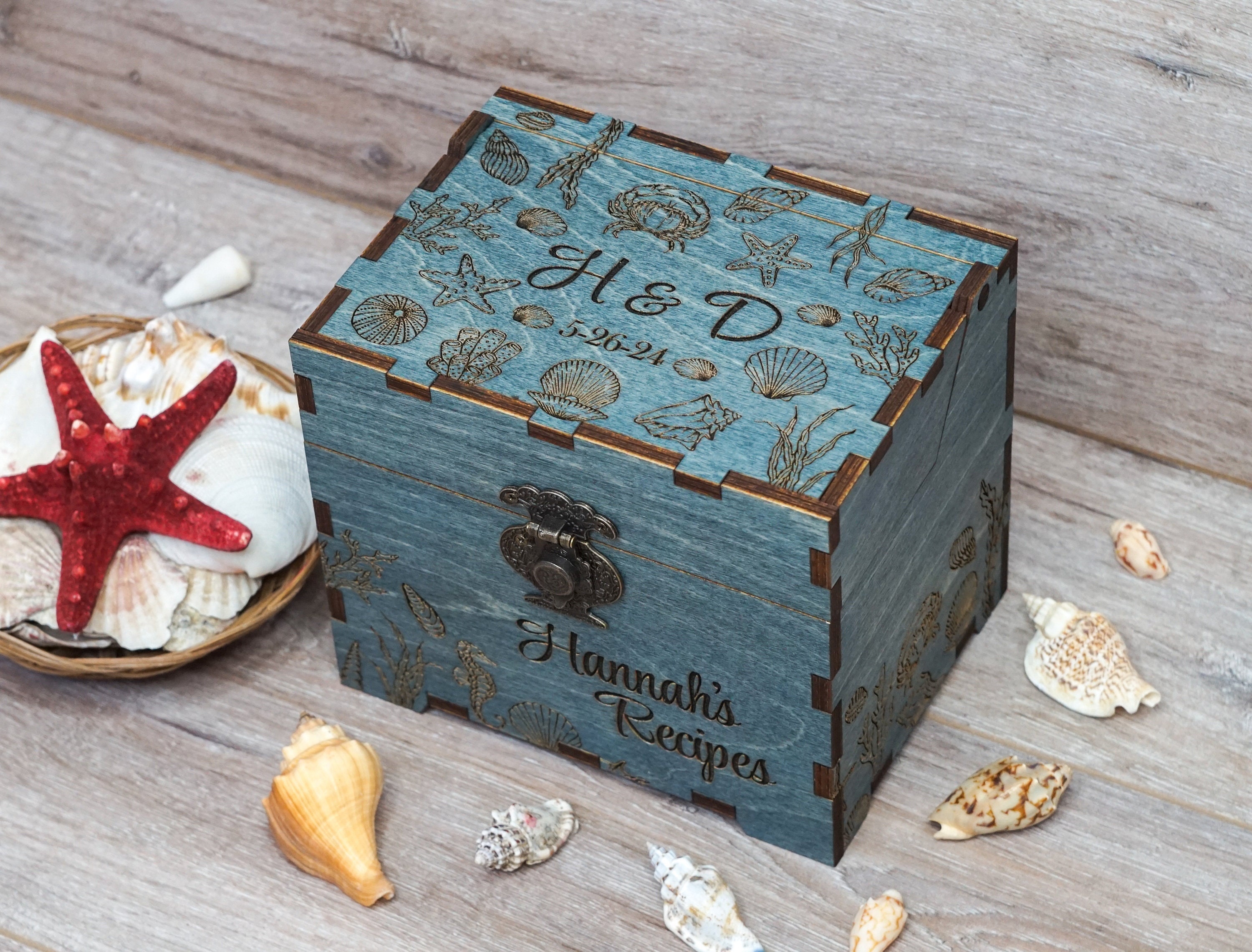 Recipe Box With Seashells, Dividers & 4x6 Recipe Cards Personalized ...
