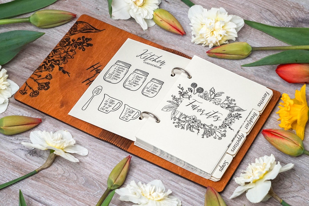 Personalized Wood Recipe Book With Tab Dividers, Custom Cookbook Binder ...