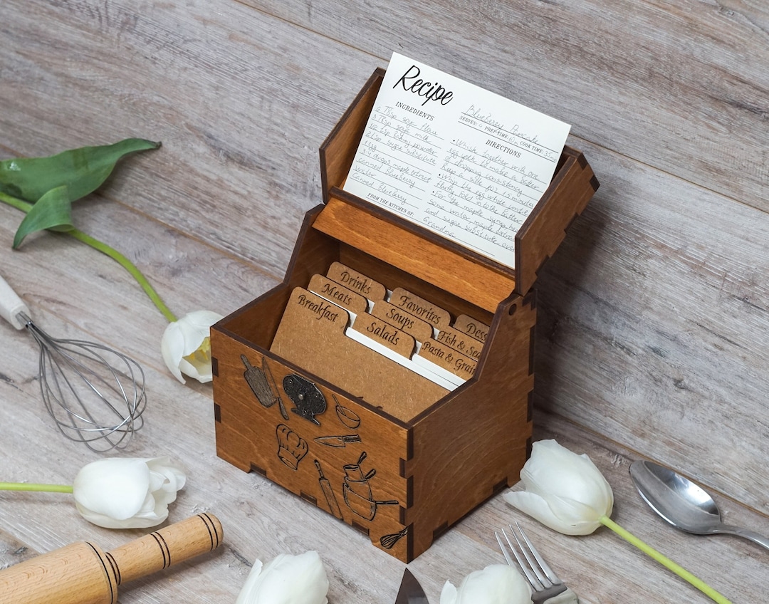 Wood Recipe Box With Dividers & 4x6 Recipe Cards, Engraving With ...