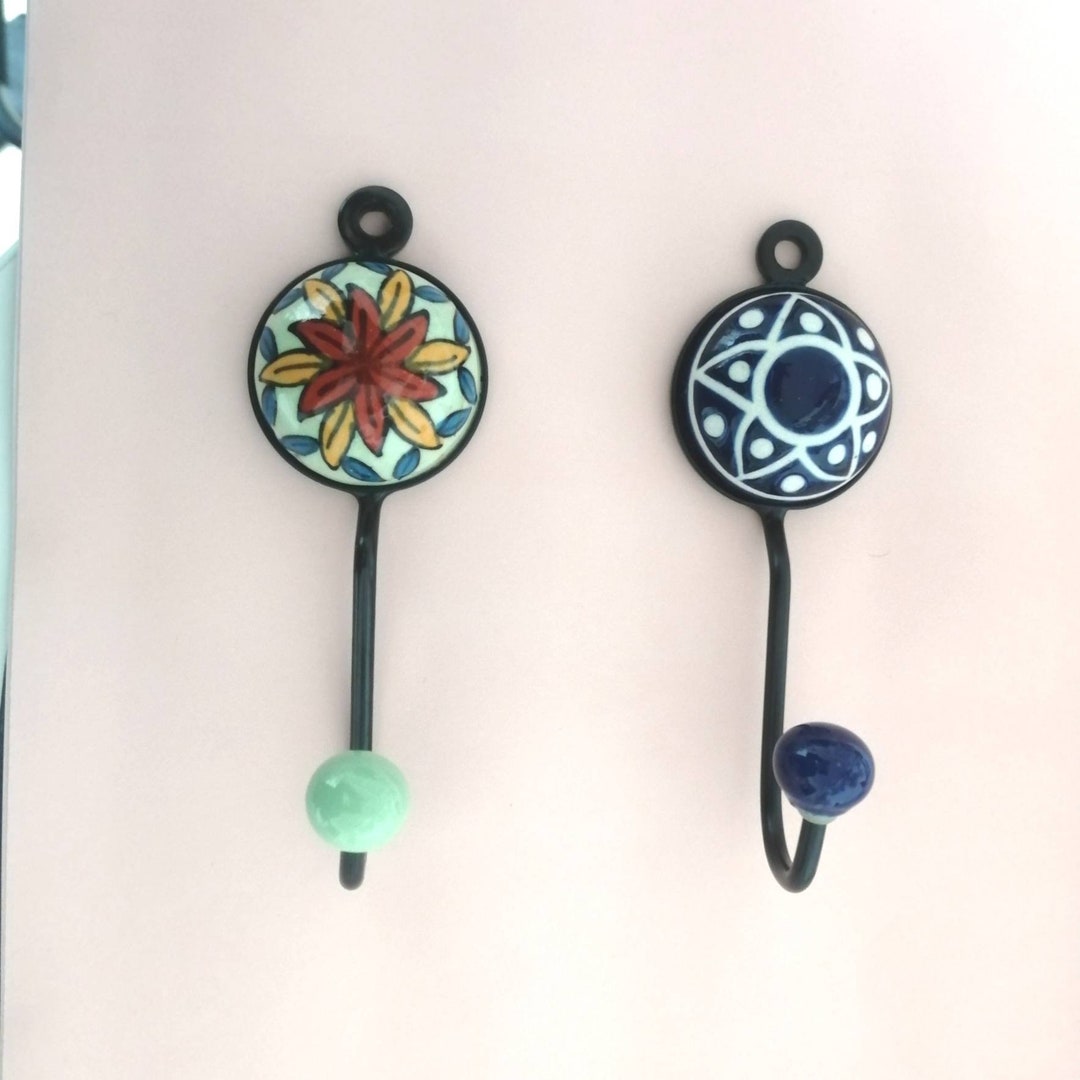 Hook Hang Clothes With Flower Tile. Wrought Iron and Ceramics. - Etsy
