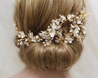 Gold Wedding Hair Vine back Headpiece Crystal Pearl Hair | Etsy UK