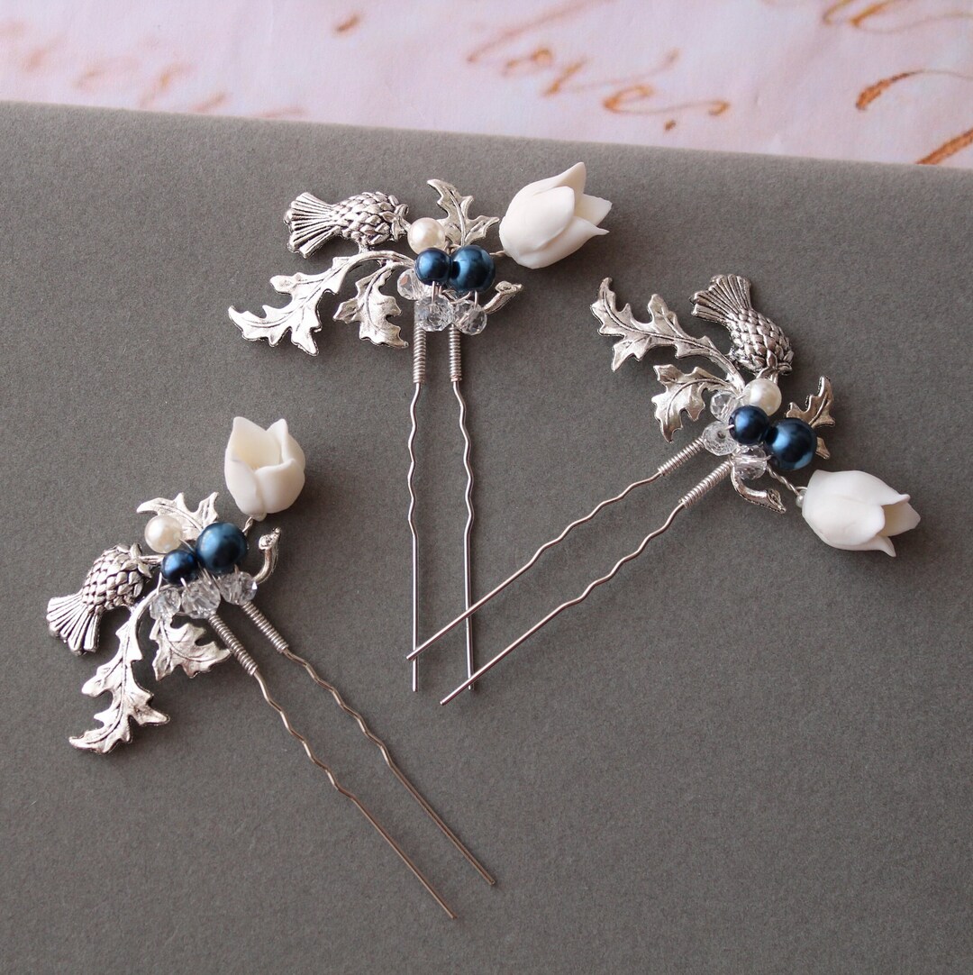 Silver Navy Blue Thistle Bridal Hair Pins Scottish Bridal Headpiece ...