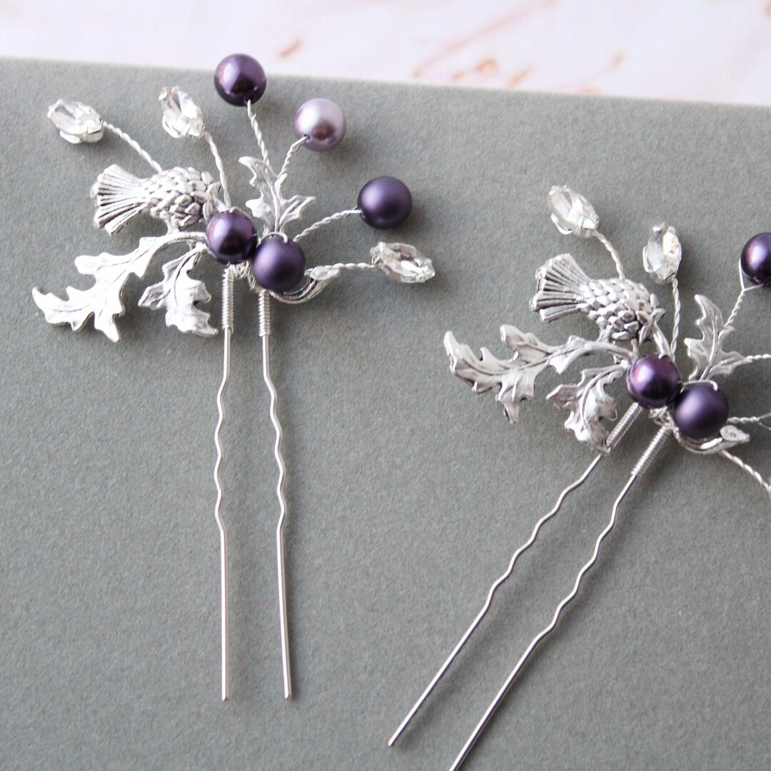 Plum Aubergine Scottish Thistle Bridal Hair Pin Wedding Hair Pin Purple ...