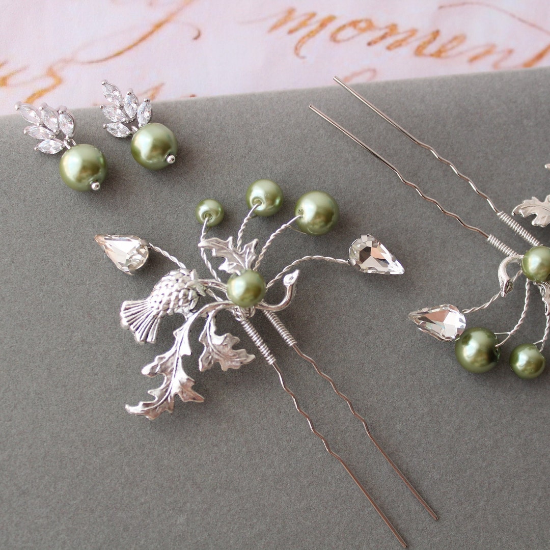Green Scottish Thistle Bridal Hair Pin Wedding Hair Pin Olive Bridal ...