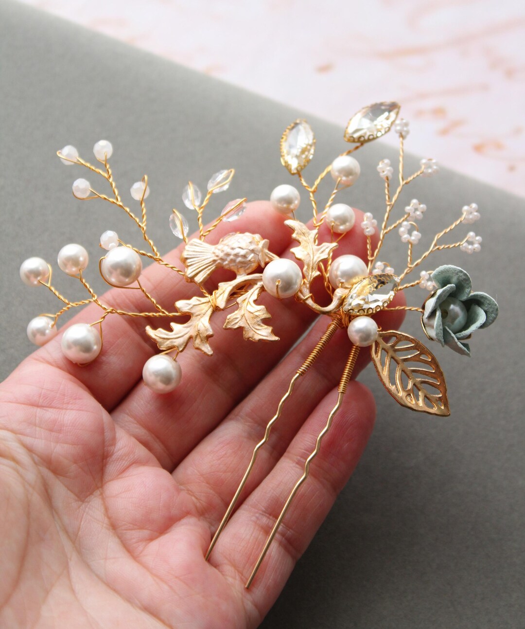 Gold Green Bridal Hair Pin Scottish Thistle Sage Bridal Headpiece Pearl ...