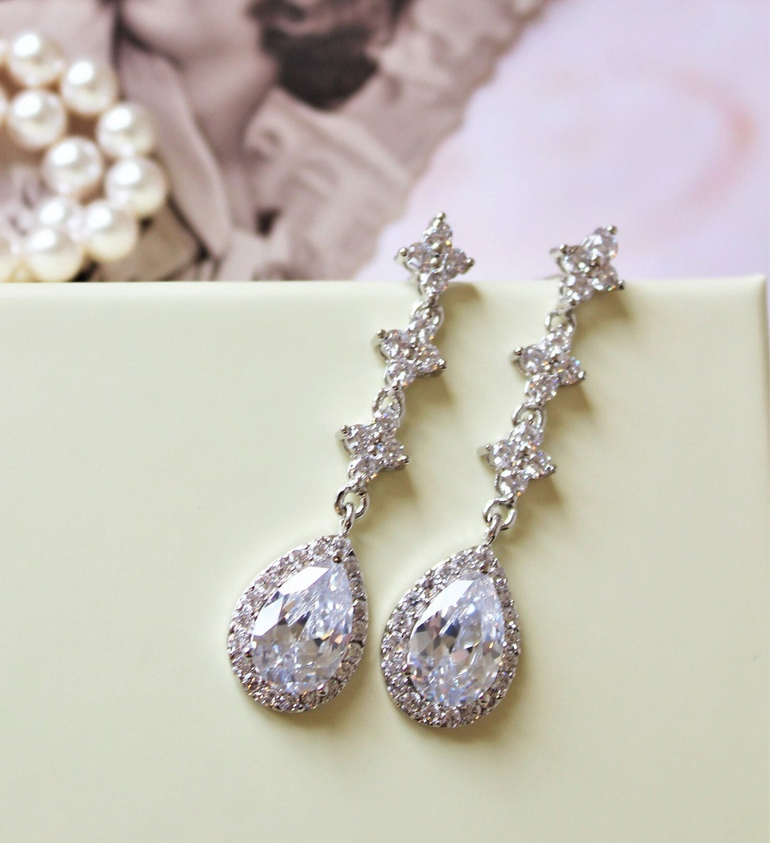 Vintage Style Crystal Teardrop Bridal Earrings, Art Deco Silver Prom ...