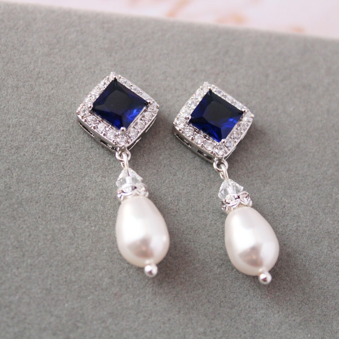 Silver and Blue Bride Pearl Drop Earrings Pearl Studs 1920s Bridal ...