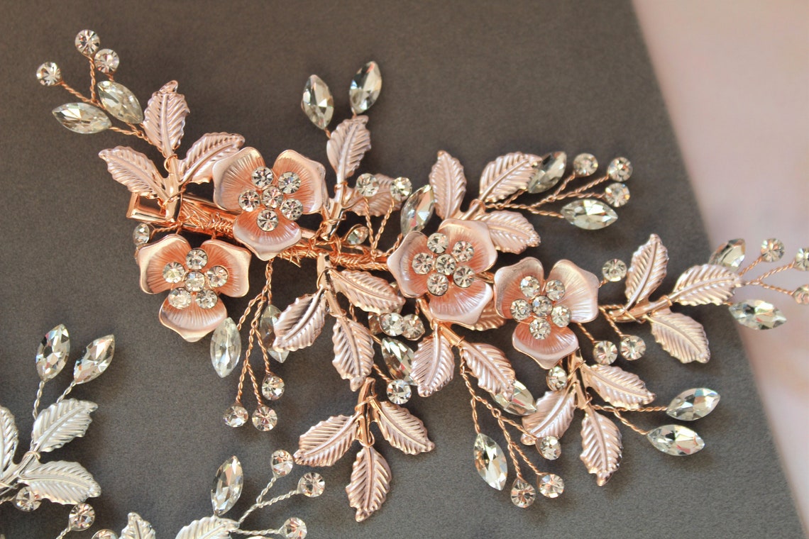 Rose gold Wedding Hair Clip Crystal Hair Clip Leaf Bridal | Etsy