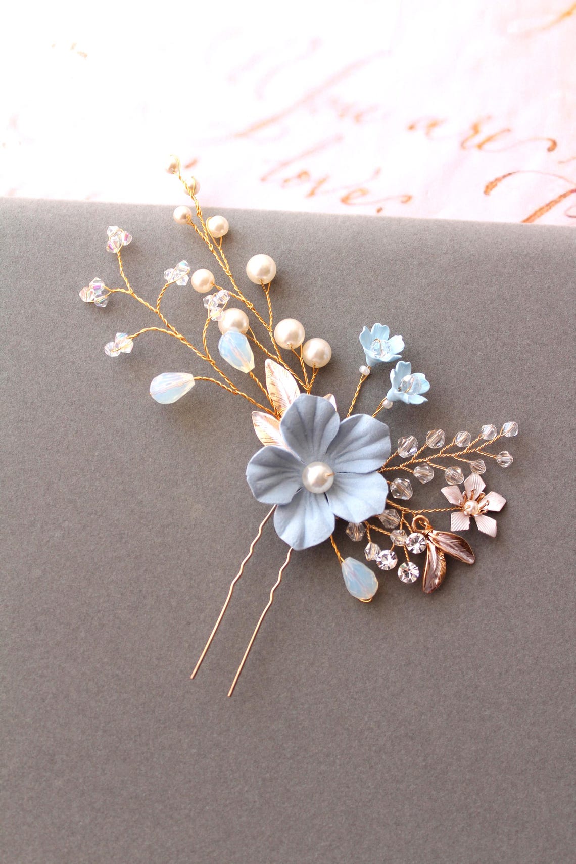 Gold Bridal Hair Pin: Blue Flower Wedding Headpiece - Etsy UK