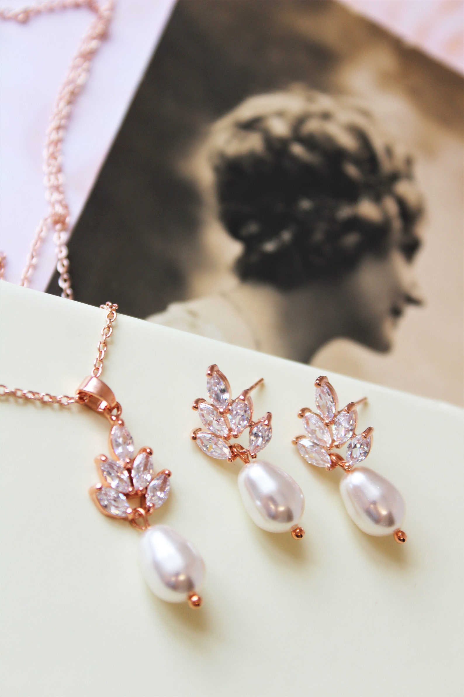 Rose Gold Bridal Pearl Drop Jewelry Set Earring Necklace Set Art Deco ...