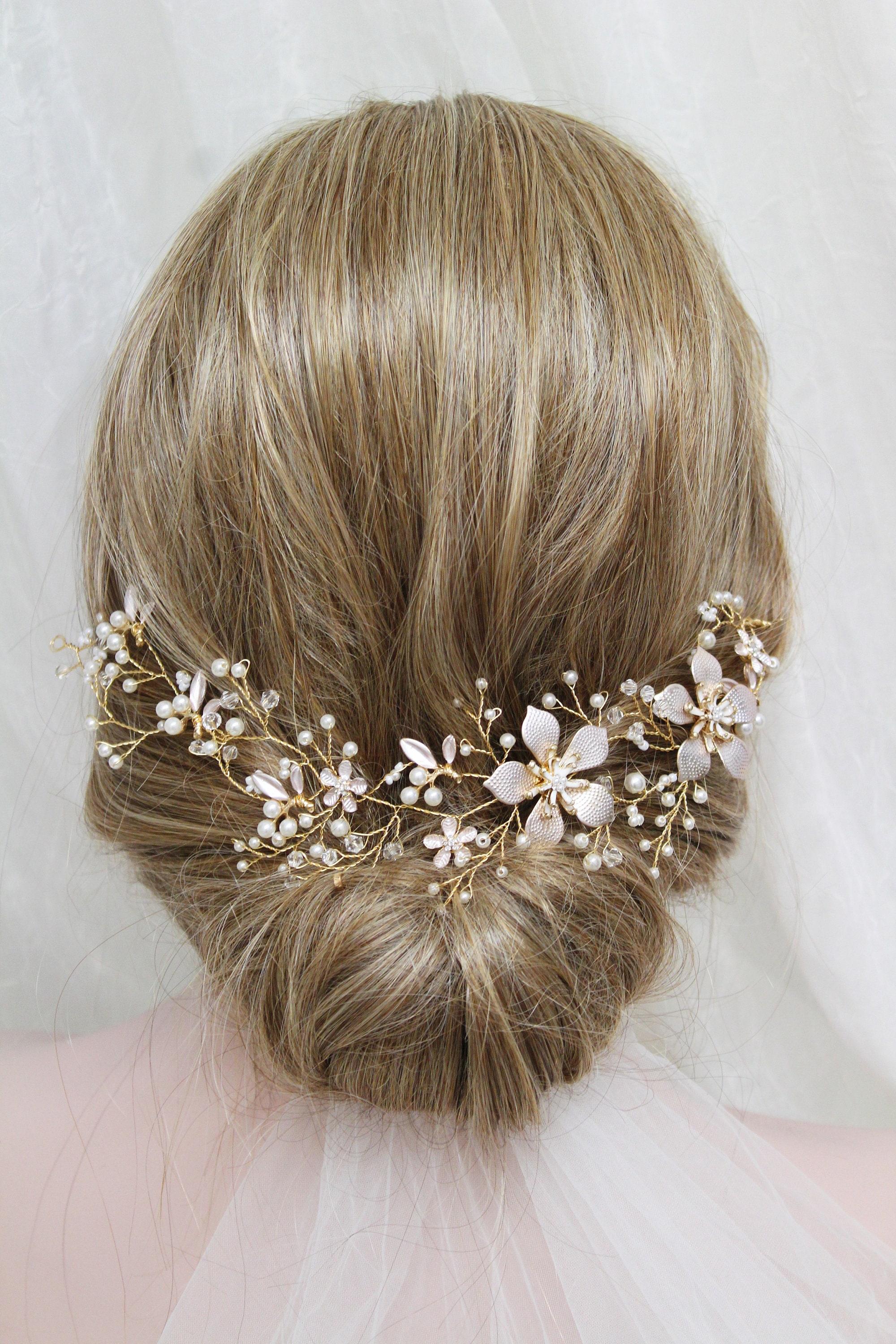 Gold Wedding Hair Vine ,back Headpiece , Crystal Pearl Hair Piece ...