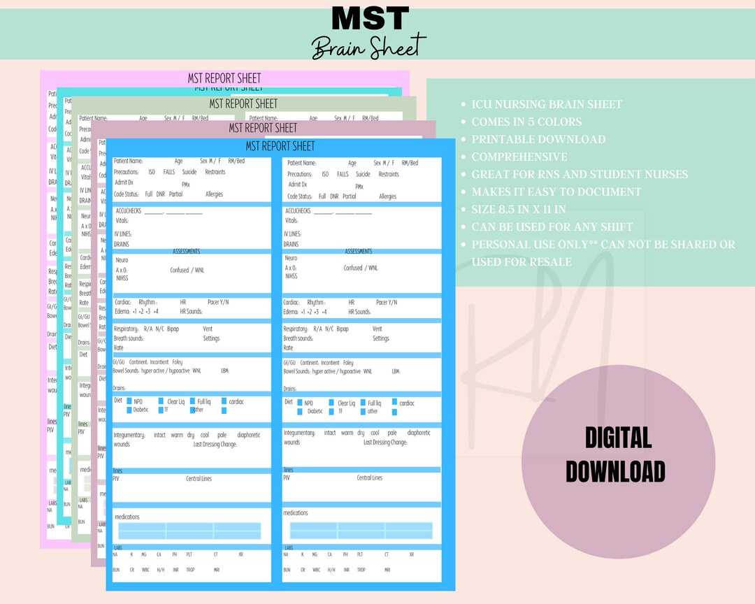 Med Surg Tele Nurse Bedside Report and Brain Sheet for Rns and Student ...