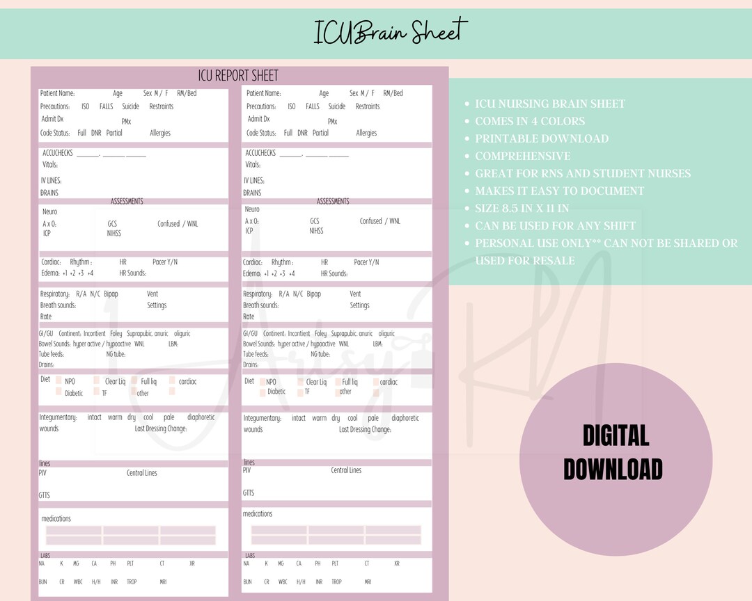 ICU Nurse Brain and Bedside Report Handoff Sheet - Etsy