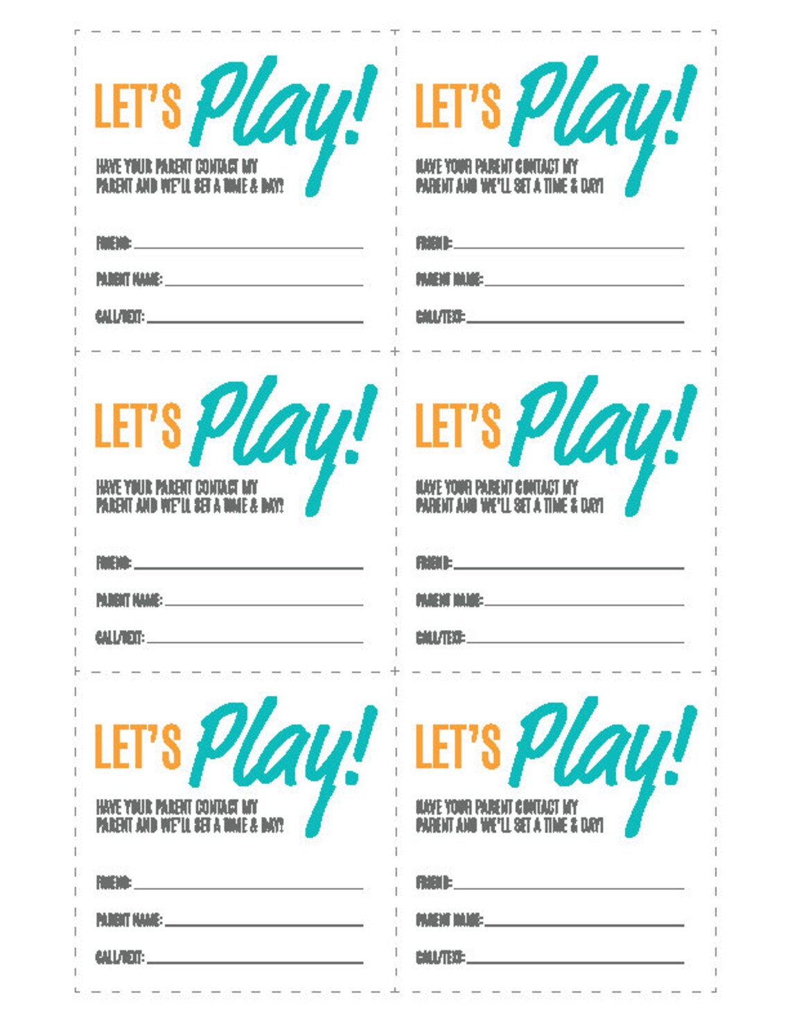 Printable 6 Invitations Print at Home Playdate Card for Child School ...