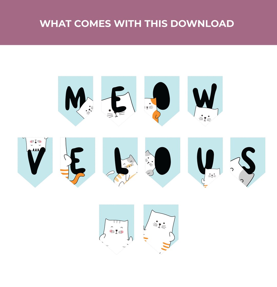 Printable MEOWVELOUS Marvelous Cat Birthday Party Banner for Cat and ...