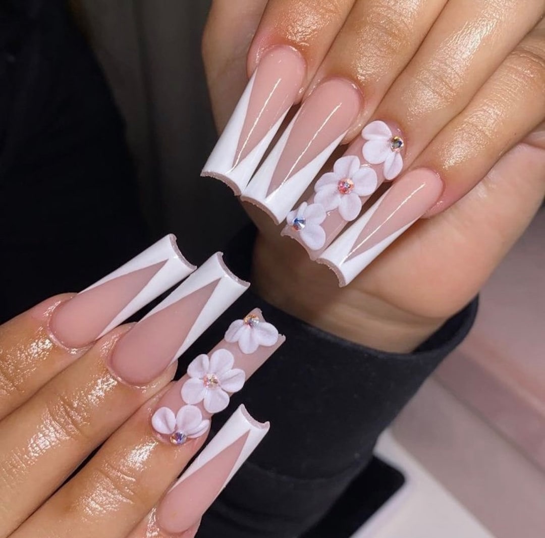 Pure Floret Luxury Nails Press on Nails V Tip Nails White Nails French ...