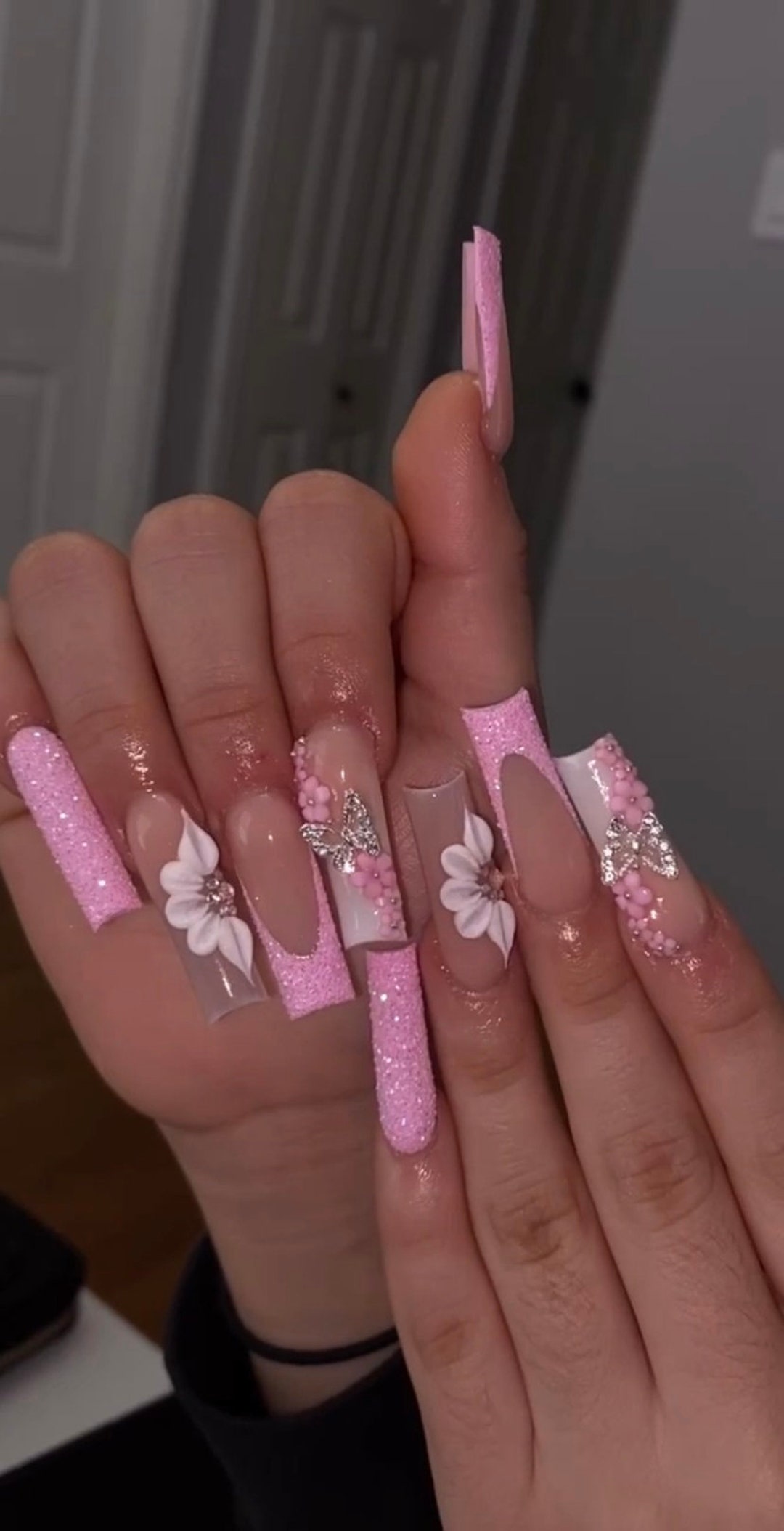 Azalea Pink Nails Pink Glitter Nails 3D Acrylic Flower Butterfly Nails Coffin Stiletto Square ...