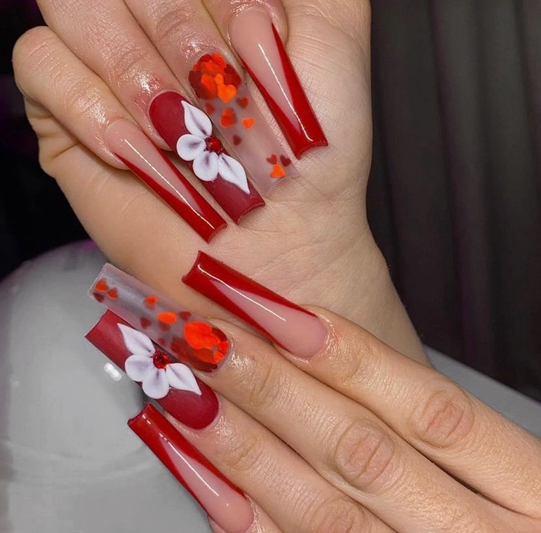 Xoxo Glam Valentines Day Nails Red Nails 3d Acrylic Flower Nails Luxury