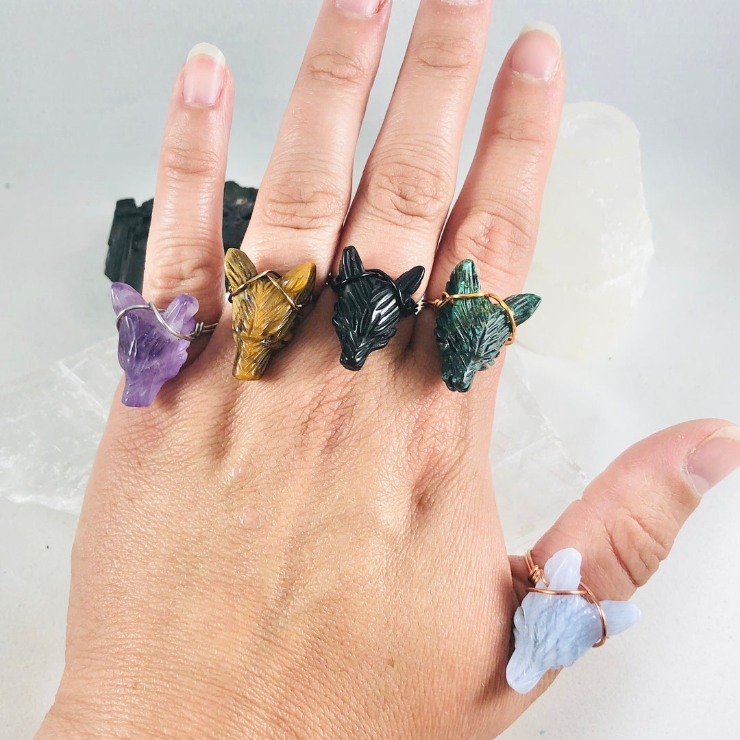 Gemstone Wolf Ring, Genuine Stone Handmade Wire Wrapped Crystal Ring ...