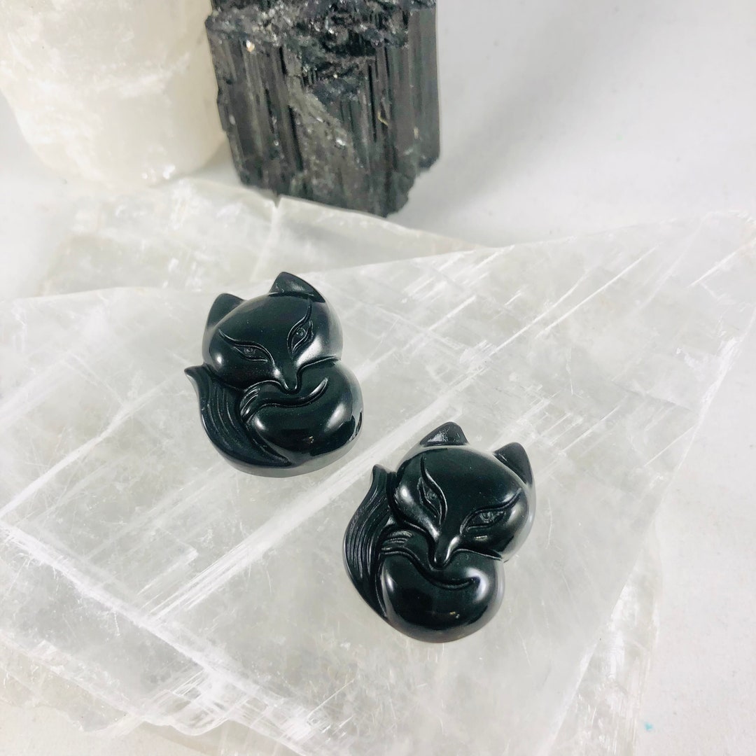 Obsidian Fox Gemstone Pendant, Curled Small Genuine Stone Fox, Natural ...